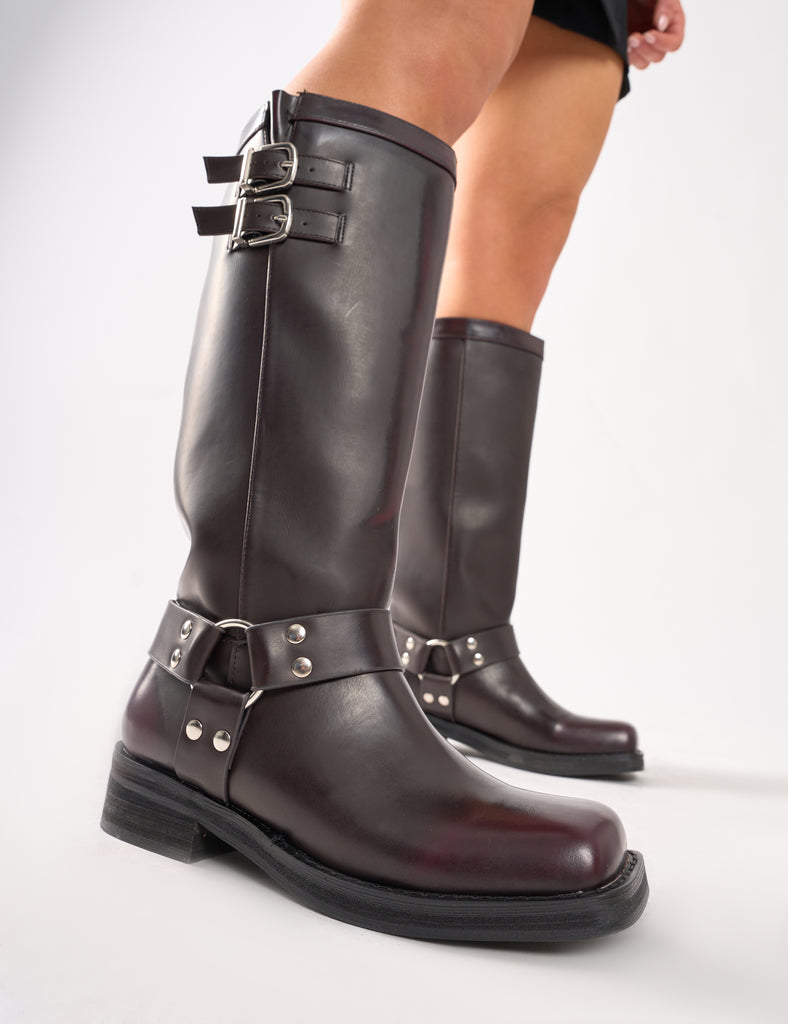 Sirius Burgundy Vintage Buckle Knee Hight Flat Boots | Public Desire