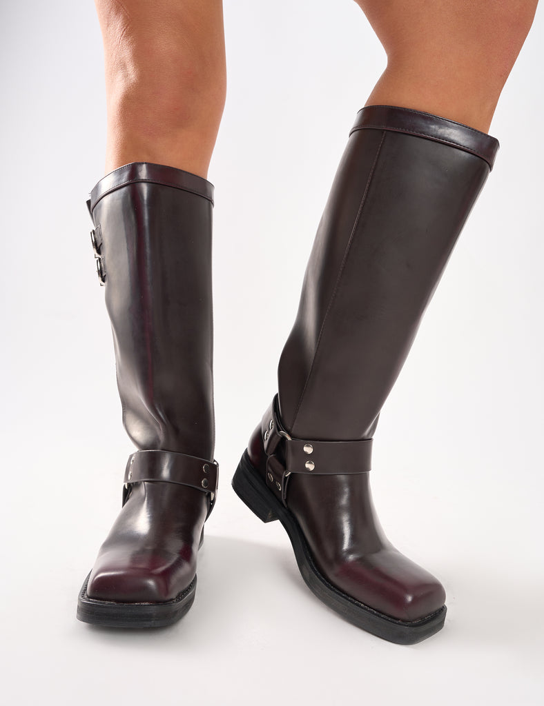 Sirius Burgundy Vintage Buckle Knee Hight Flat Boots | Public Desire