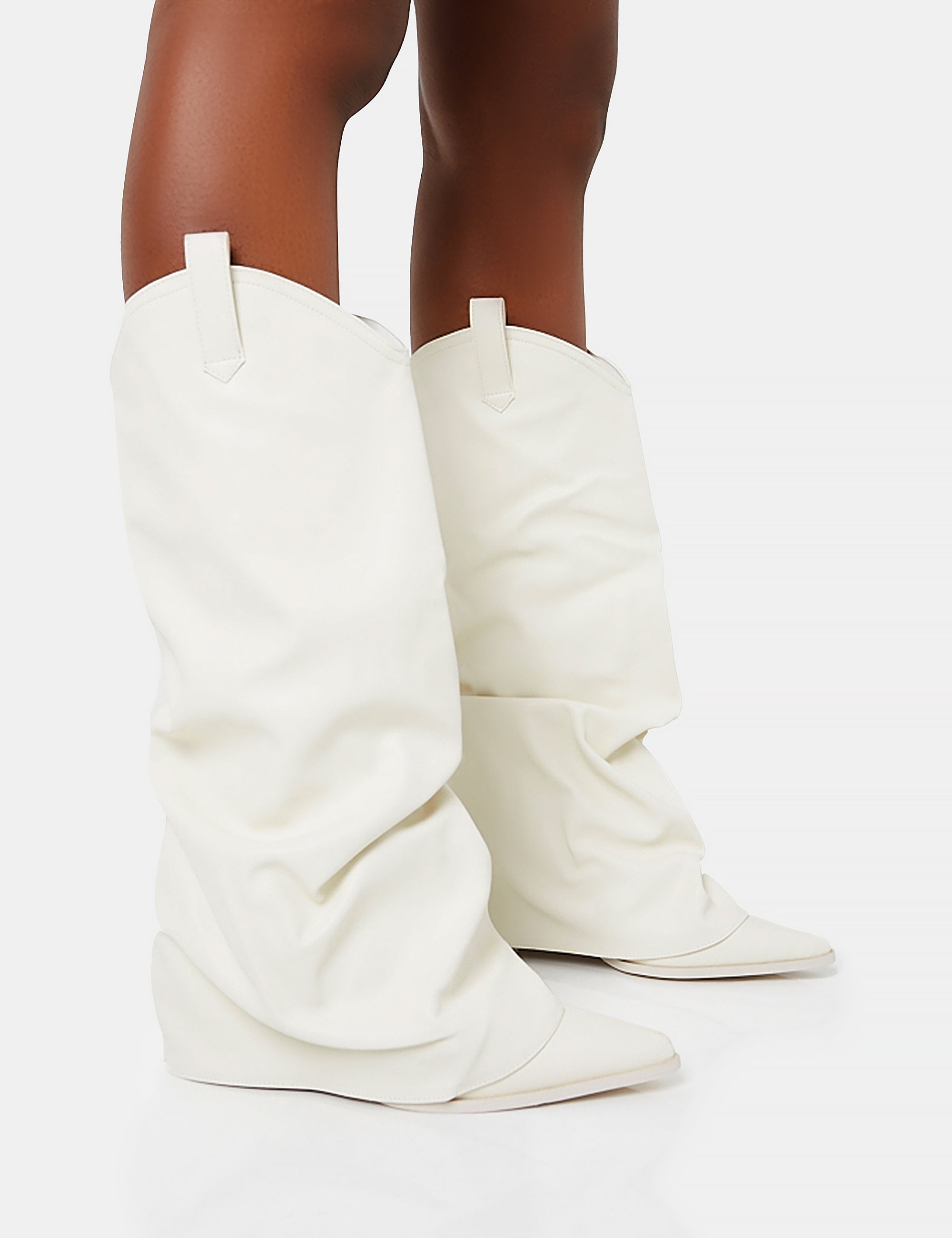 Sheriff White Pu Western Inspired Fold Over Pointed Toe Block Heeled ...