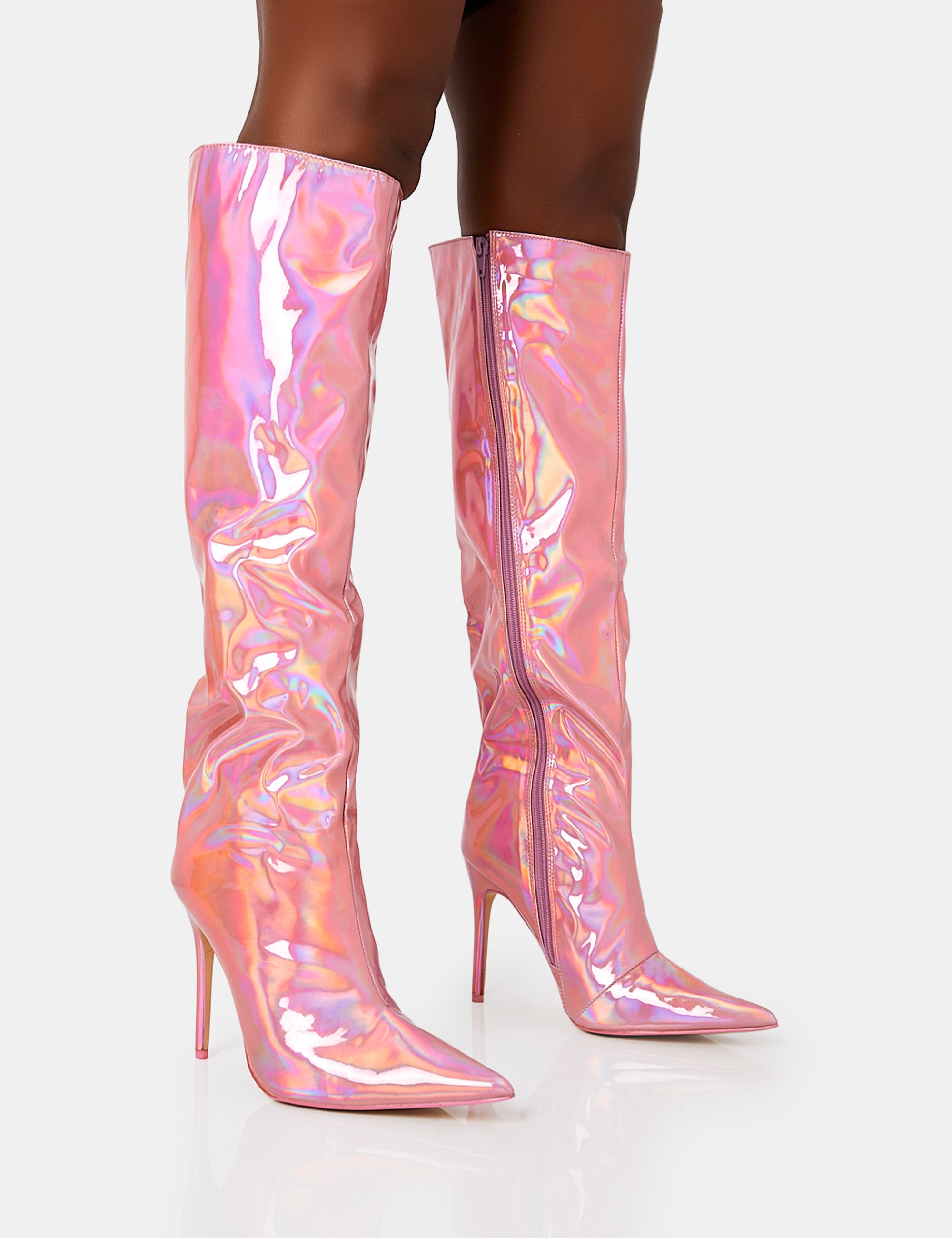 Tai Wide Fit Pink Metallic Pointed Toe Stiletto Knee High Boots ...