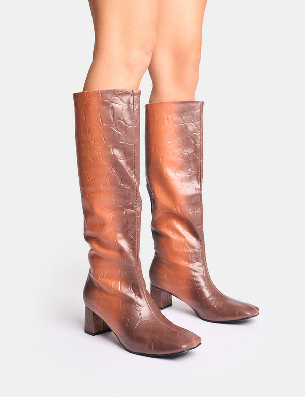 Tamira Brown Ombre Block Heel Knee High Boots | Public Desire