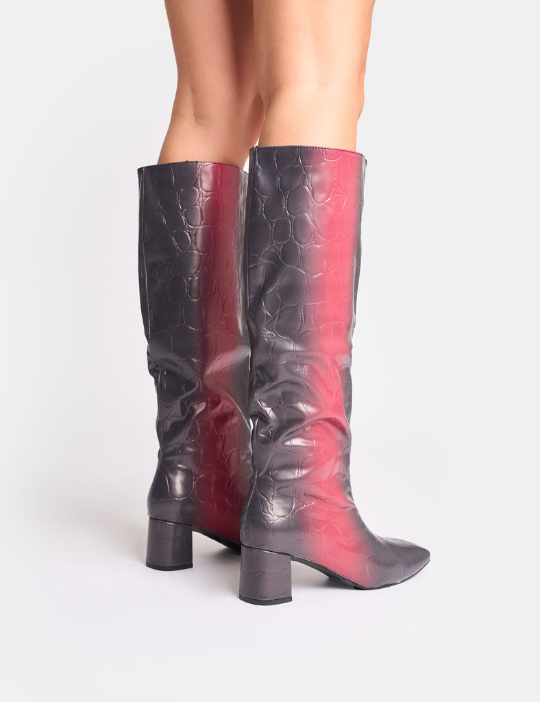 Tamira Red Ombre Block Heel Knee High Boots | Public Desire