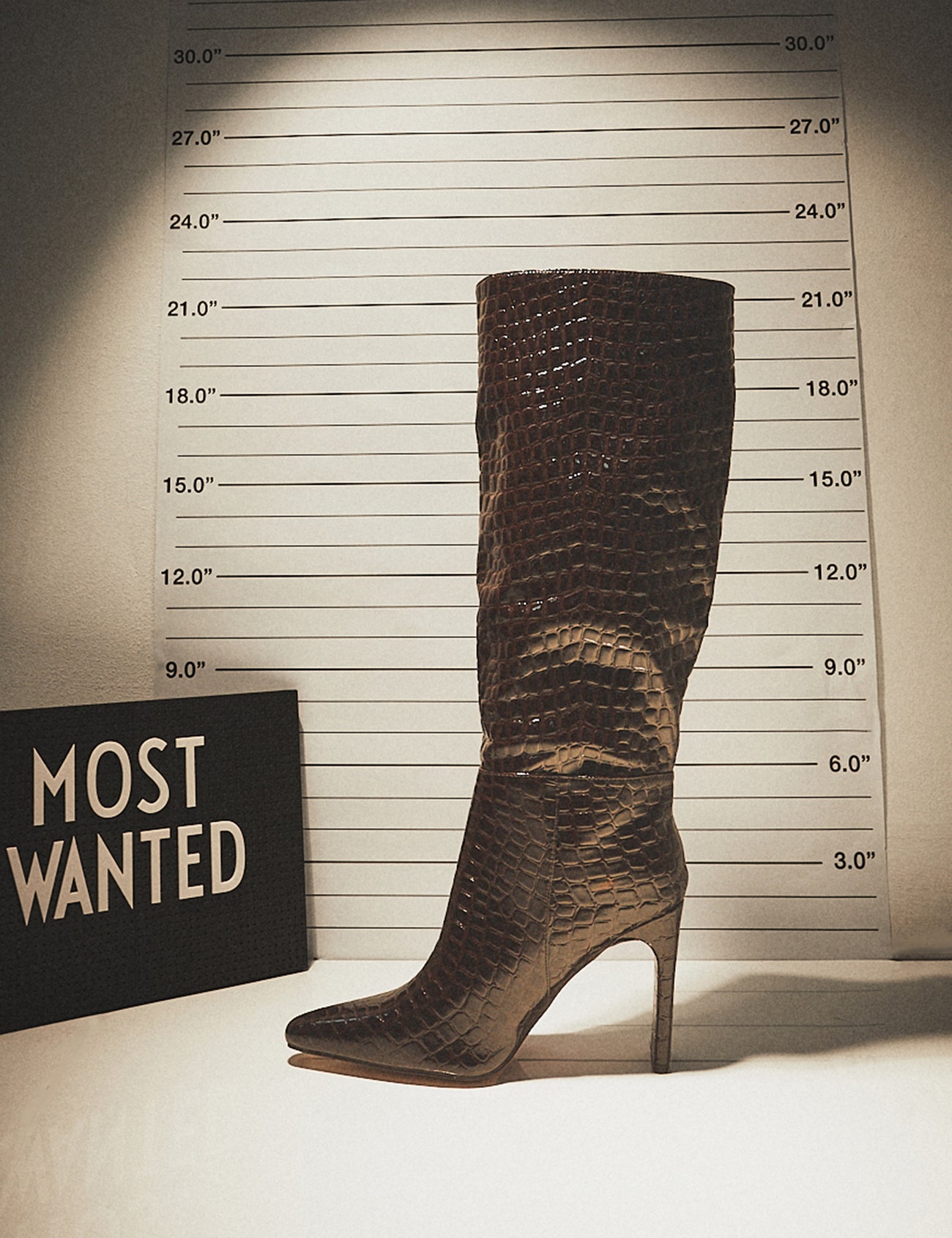 Undone Brown Patent Croc Knee High Zip Up Pointed Toe Thin Block Heeled ...