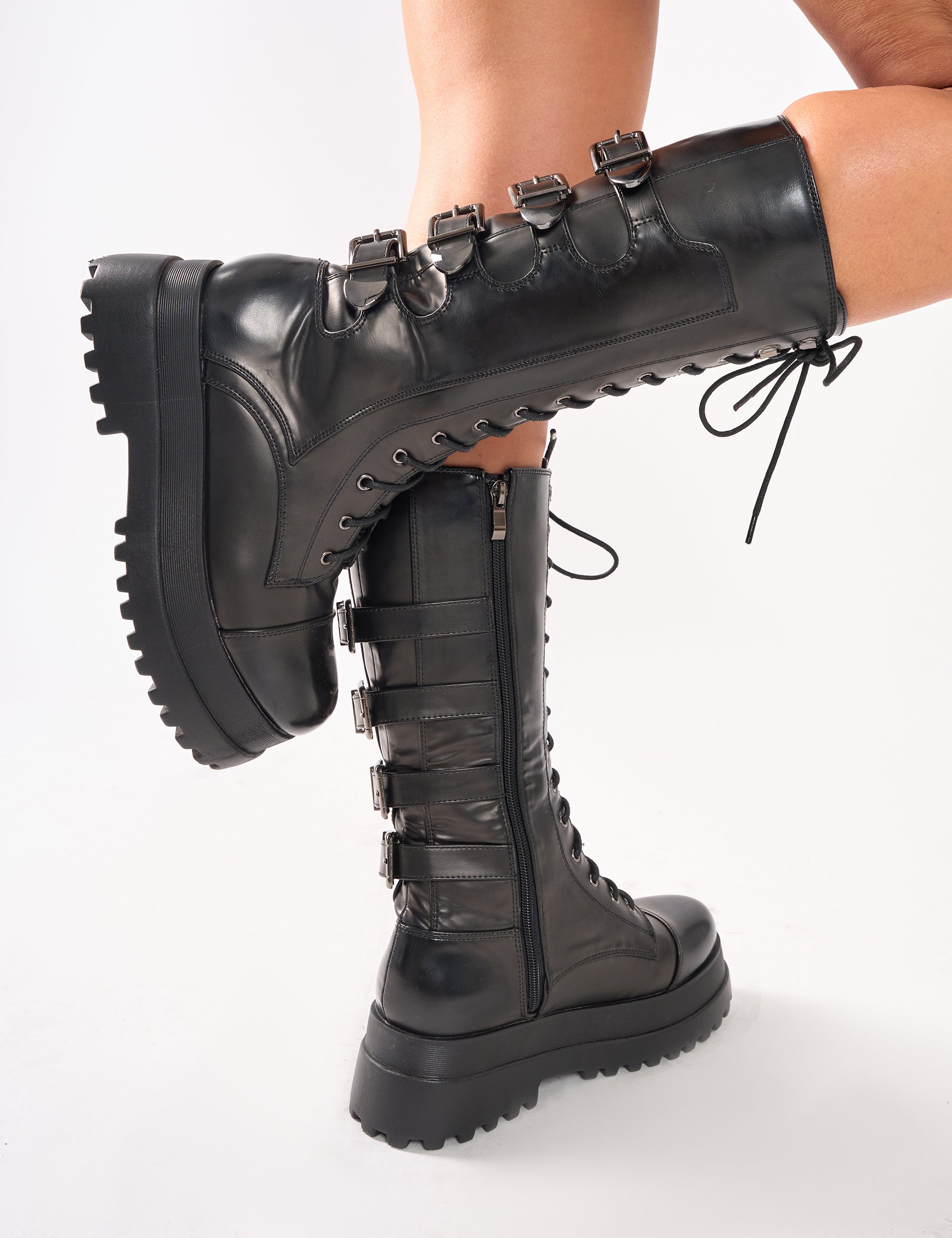 Vex Black Multi Buckle Detail Lace Up Knee High Boots Public Desire