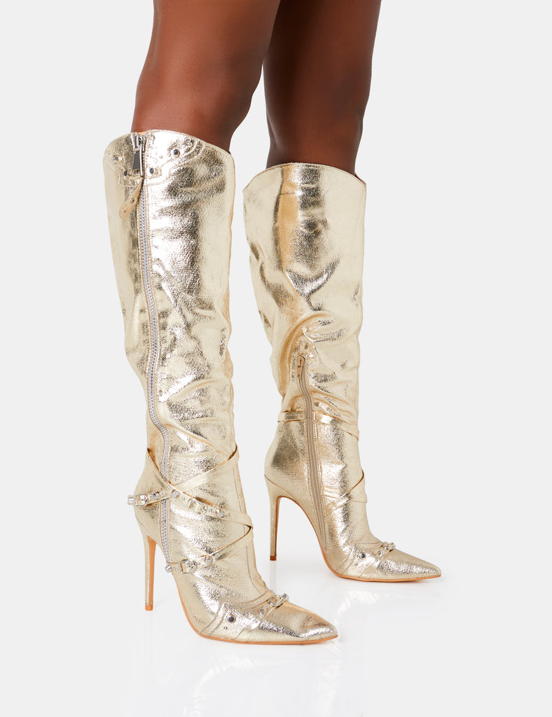 Worthy Metallic Gold Stiletto Knee High Boots | Public Desire