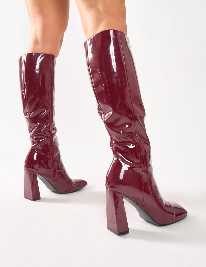 Zoya Burgundy Patent Slant Toe Block Heel Knee High Sock Boots | Public ...