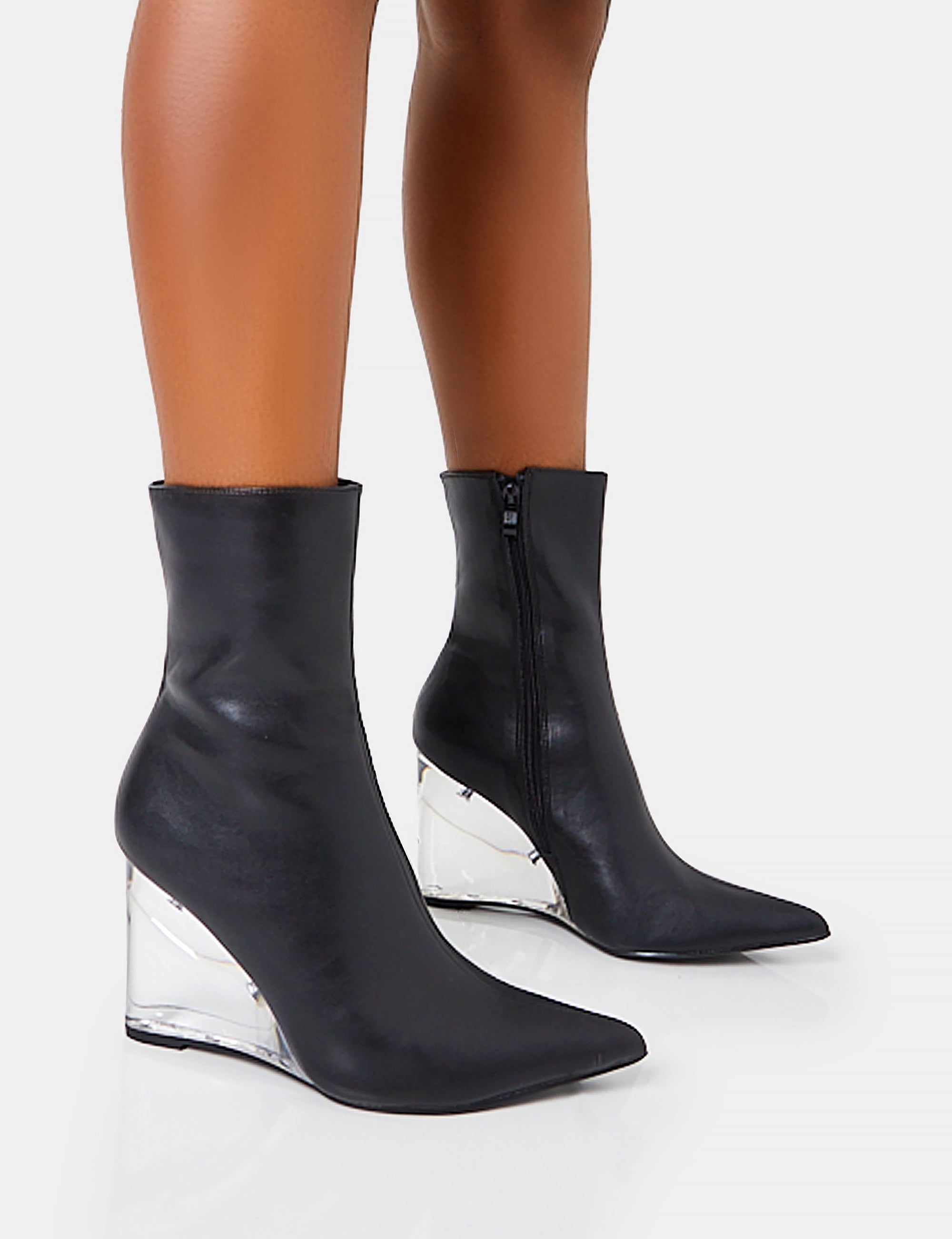 Ohio Black Pu Perspex Wedge Pointed Toe Ankle Boots | Public Desire
