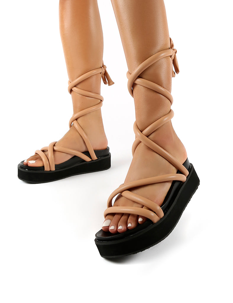Jolly Nude Drench PU Weaved Ankle Strap Detail Chunky Sandals | Public ...