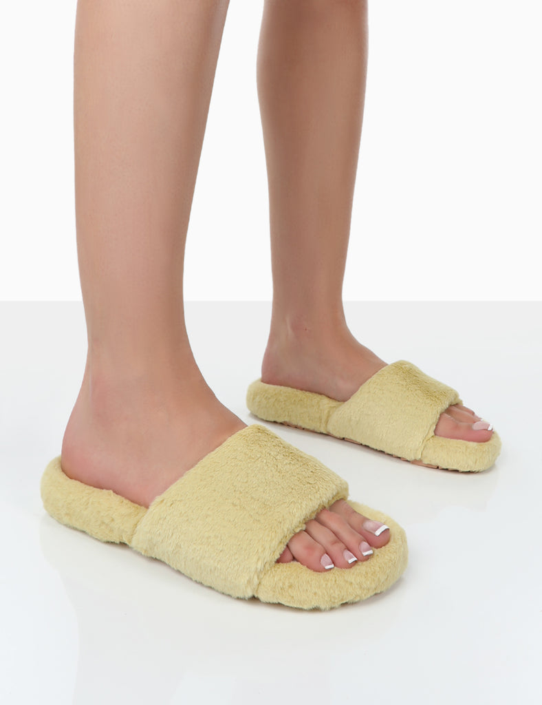 Namaste Yellow Fluffy Faux Fur Slippers | Public Desire