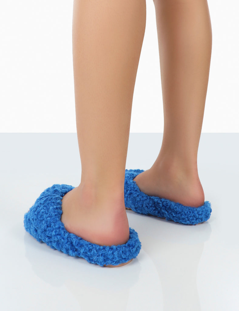 Slumber Blue Teddy Cross Over Strap Slippers | Public Desire