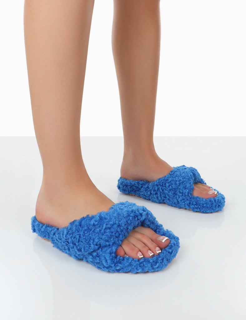 Slumber Blue Teddy Cross Over Strap Slippers | Public Desire