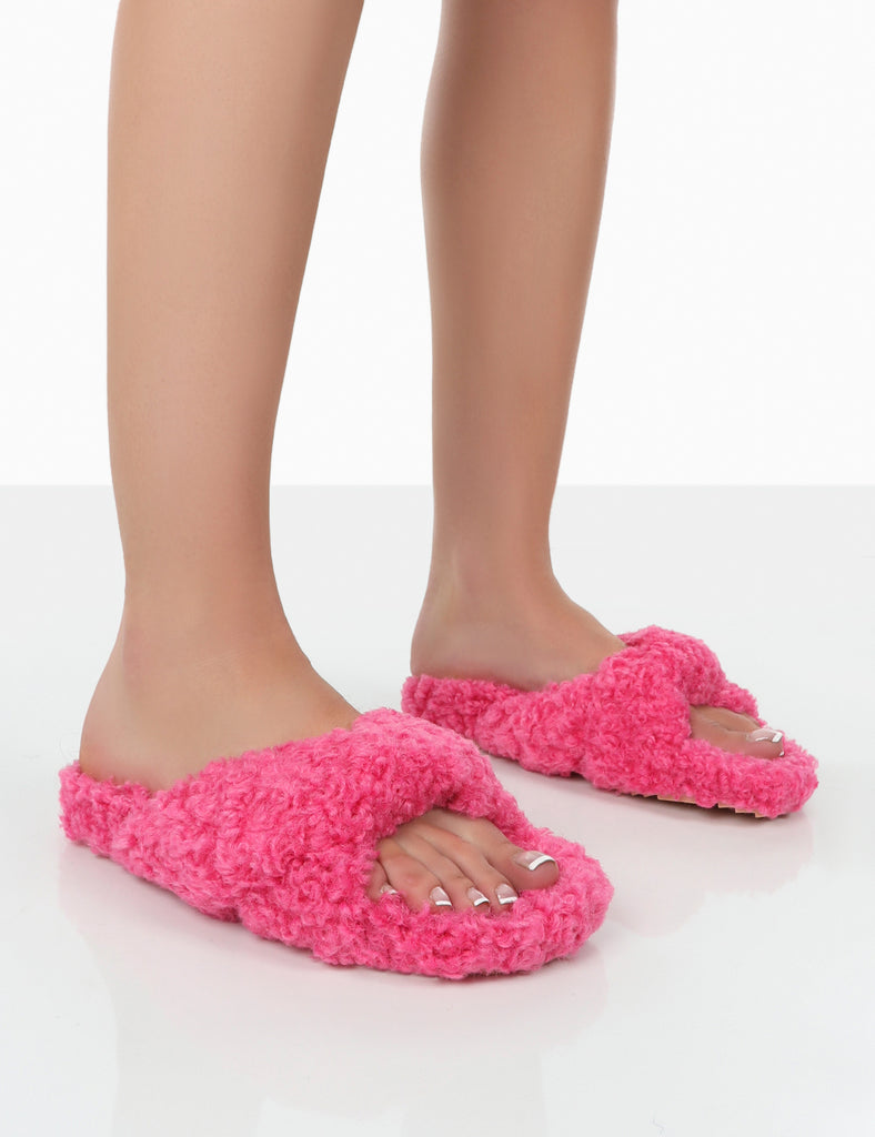 Slumber Pink Teddy Cross Over Strap Slippers | Public Desire