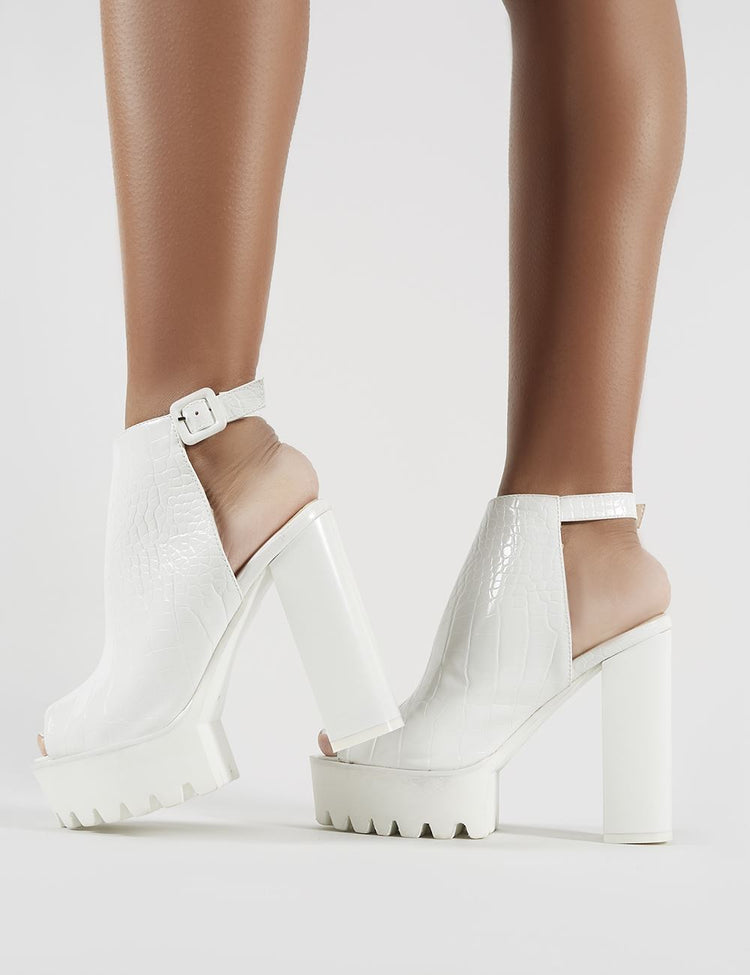 Jada Cleated Platform Block Heels in White Croc | Public Desire