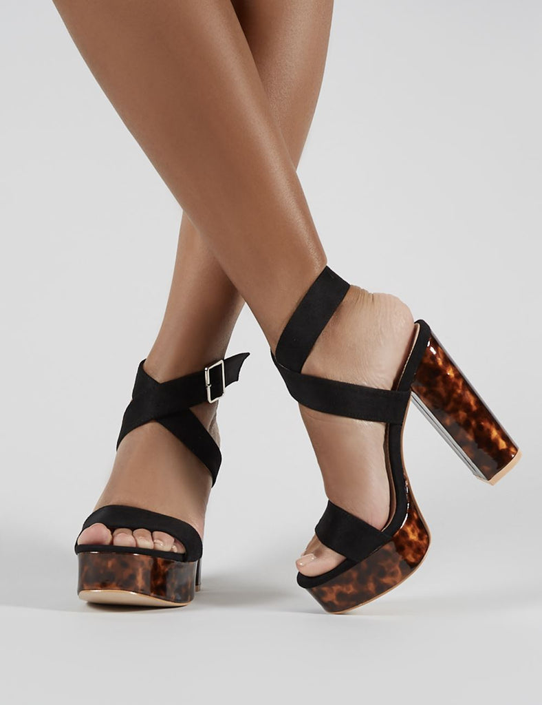 Robyn Tortoiseshell Platform Block Heels in Black Faux Suede | Public ...
