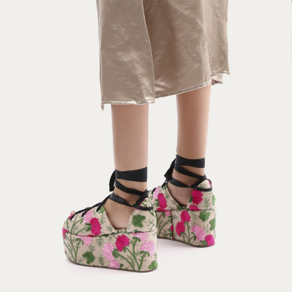 Storm Embroidered Lace Up Flatforms in Pink | Public Desire