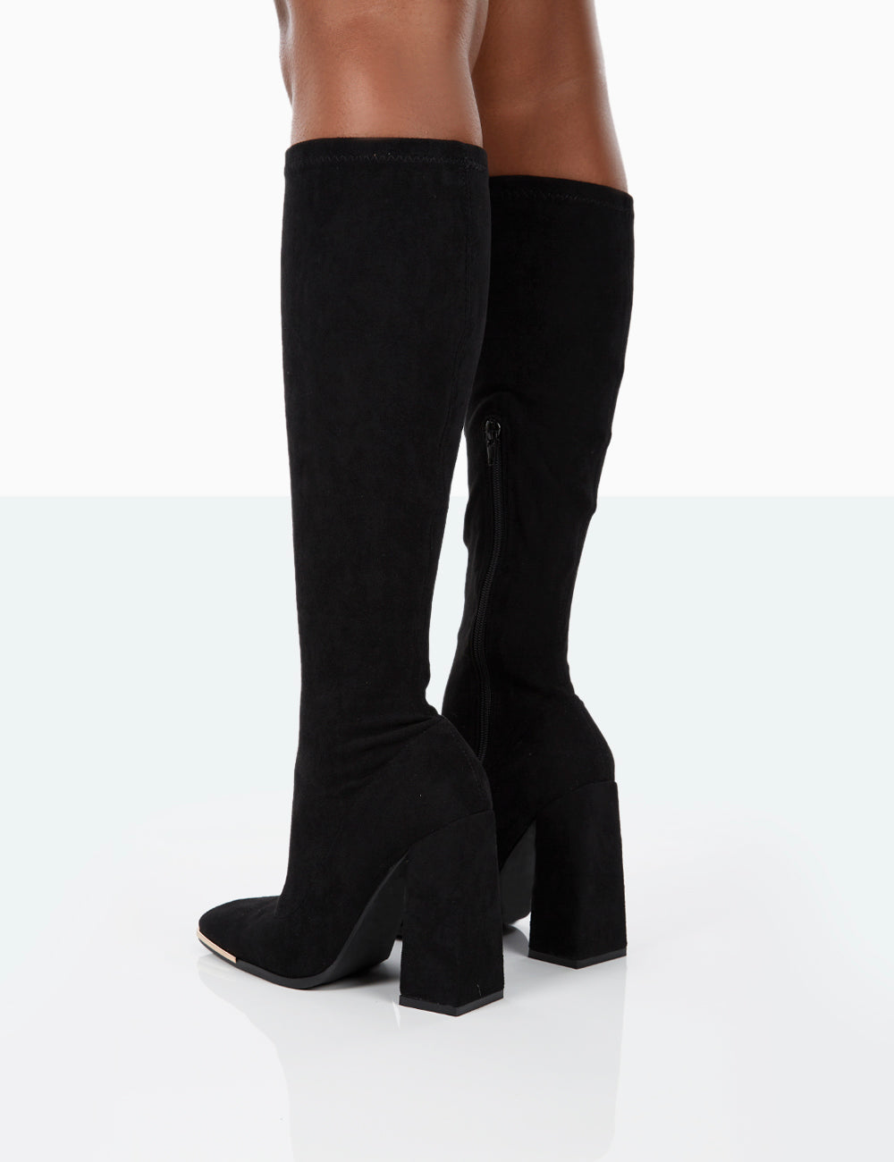 Caryn Black Suede Knee High Heeled Boots | Public Desire