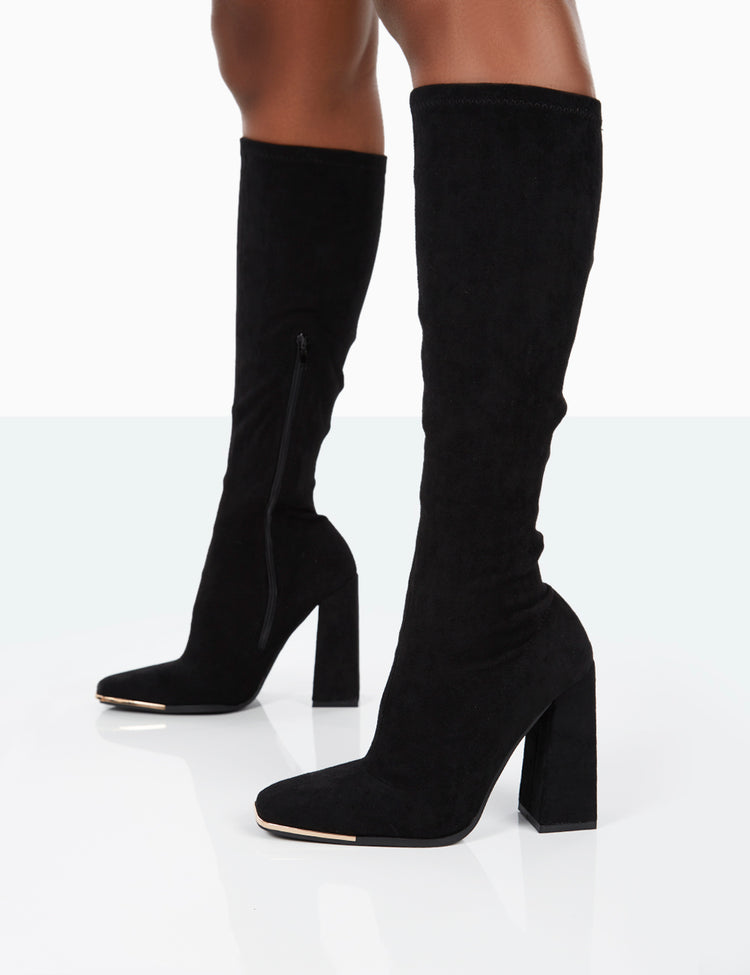 Caryn Black Suede Knee High Heeled Boots | Public Desire