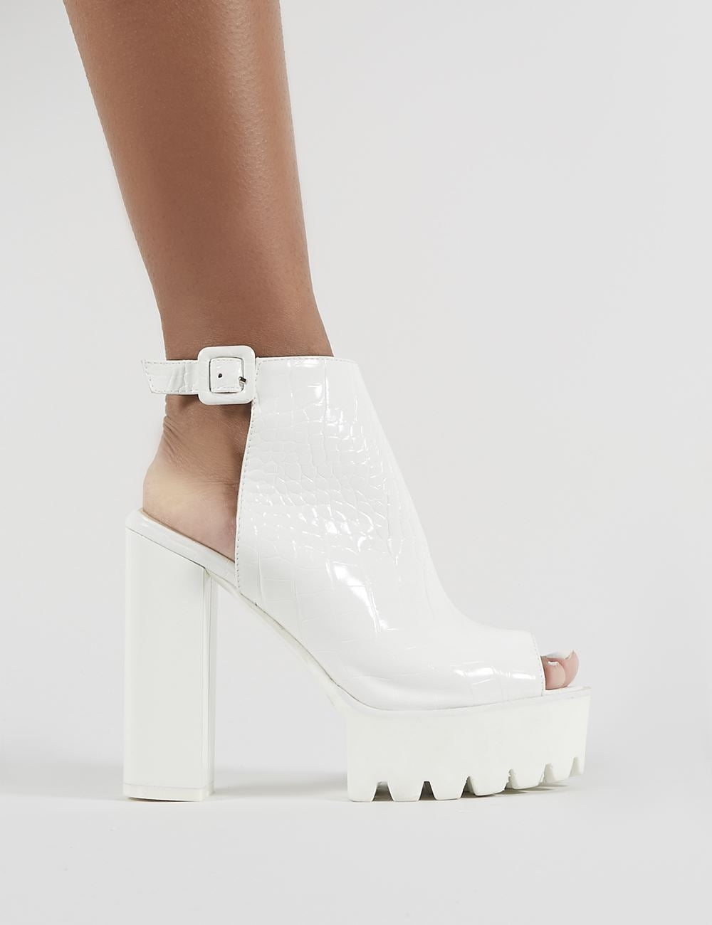 Jada Cleated Platform Block Heels in White Croc | Public Desire