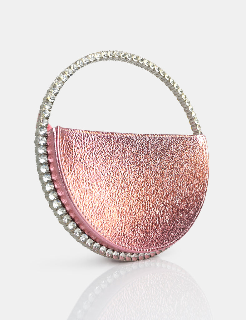 The Alessia Metallic Pink Circle Diamante Mini Grab Bag | Public Desire