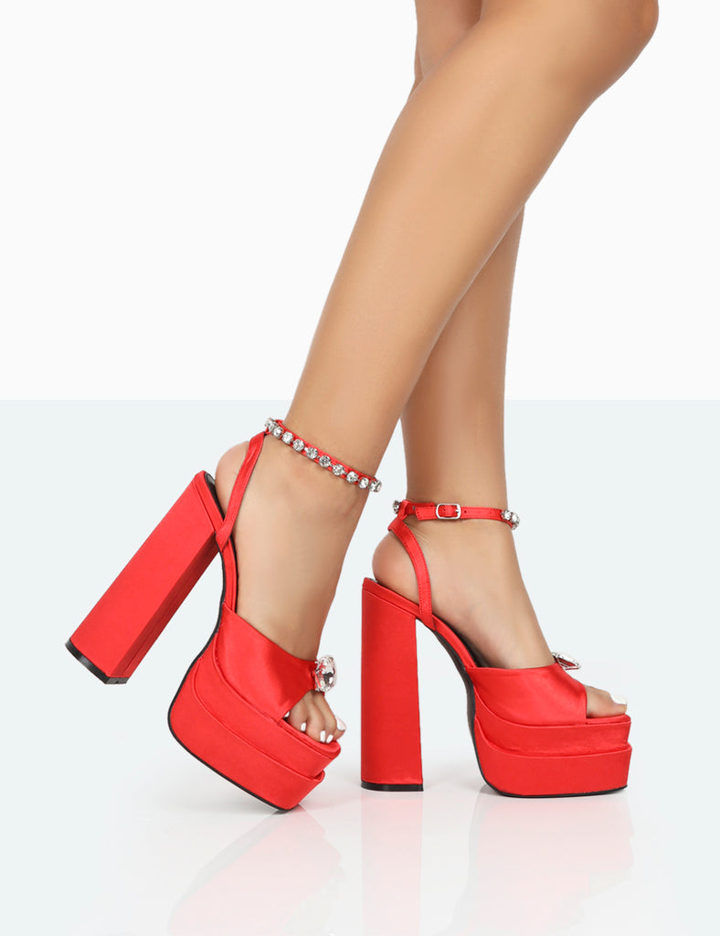 Frozen Red Satin Diamante Strap Open Toe Block Platform Heels | Public ...
