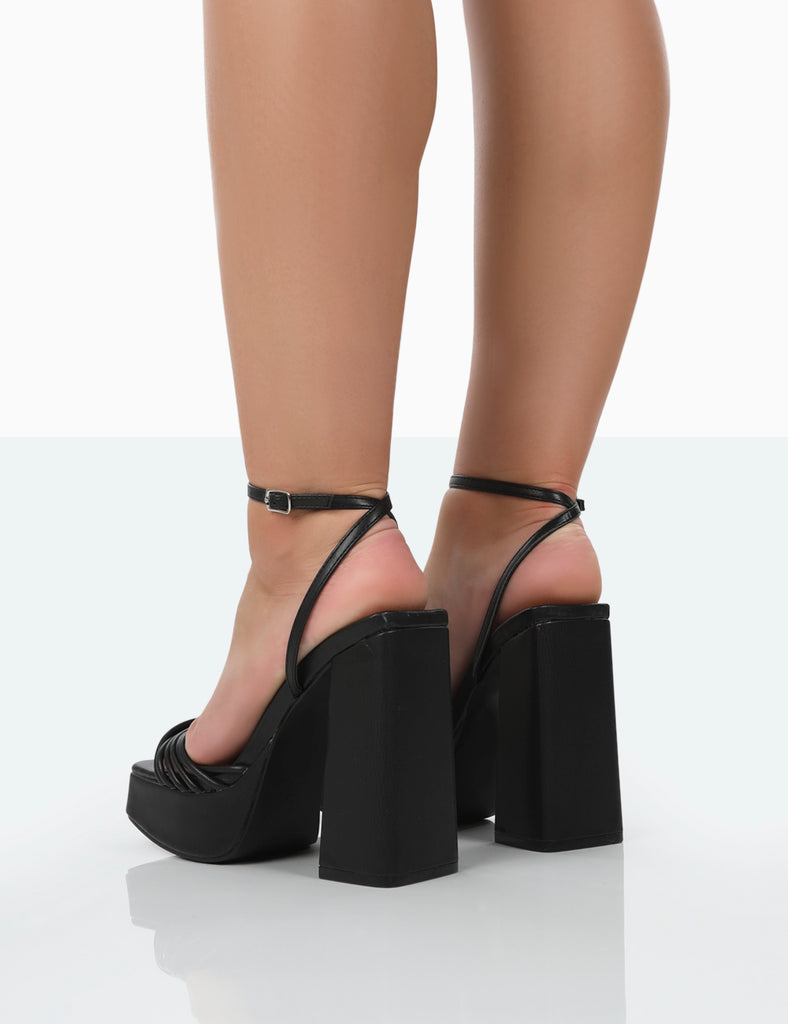 Boujee Black Pu Sqaure Toe Strappy Block Heels | Public Desire