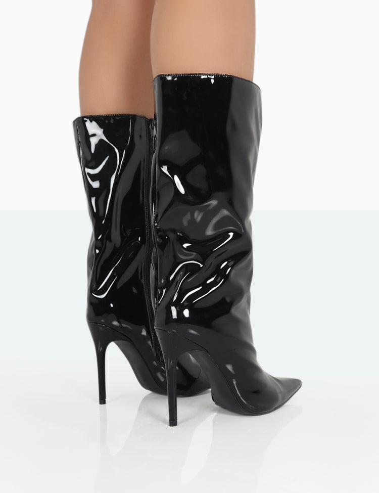 Wanda Black Patent PU Pointed Toe Stiletto Knee High Boots | Public Desire