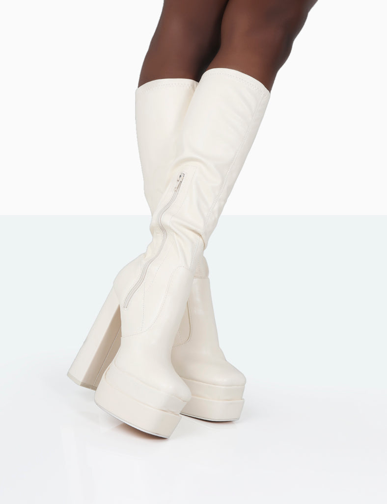 Passive Wide Fit Ecru Pu Square Toe Platform Block High Heel Over the ...