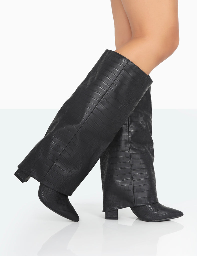 Zendaya Wide Fit Matt Black Croc Pointed Toe Knee High Boots | Public ...