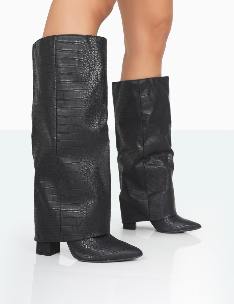 Zendaya Wide Fit Matt Black Croc Pointed Toe Knee High Boots | Public ...