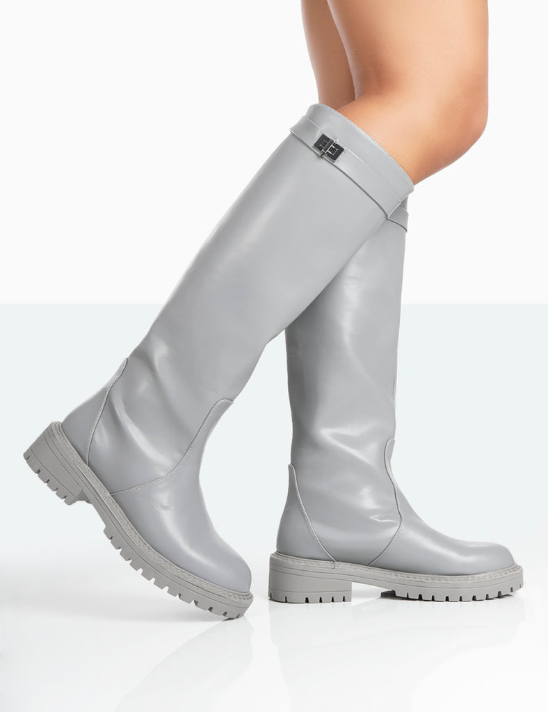 More Fun Grey PU Round Toe Knee High Boots | Public Desire