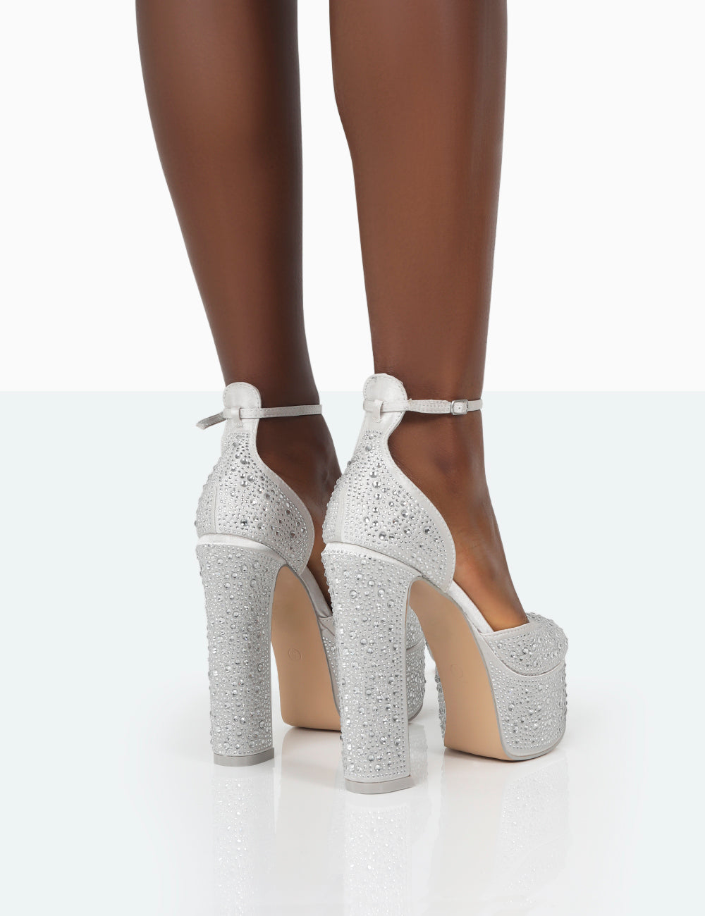 Effie Silver Diamante Ankle Strap Block Heel Platform Court High Heels ...