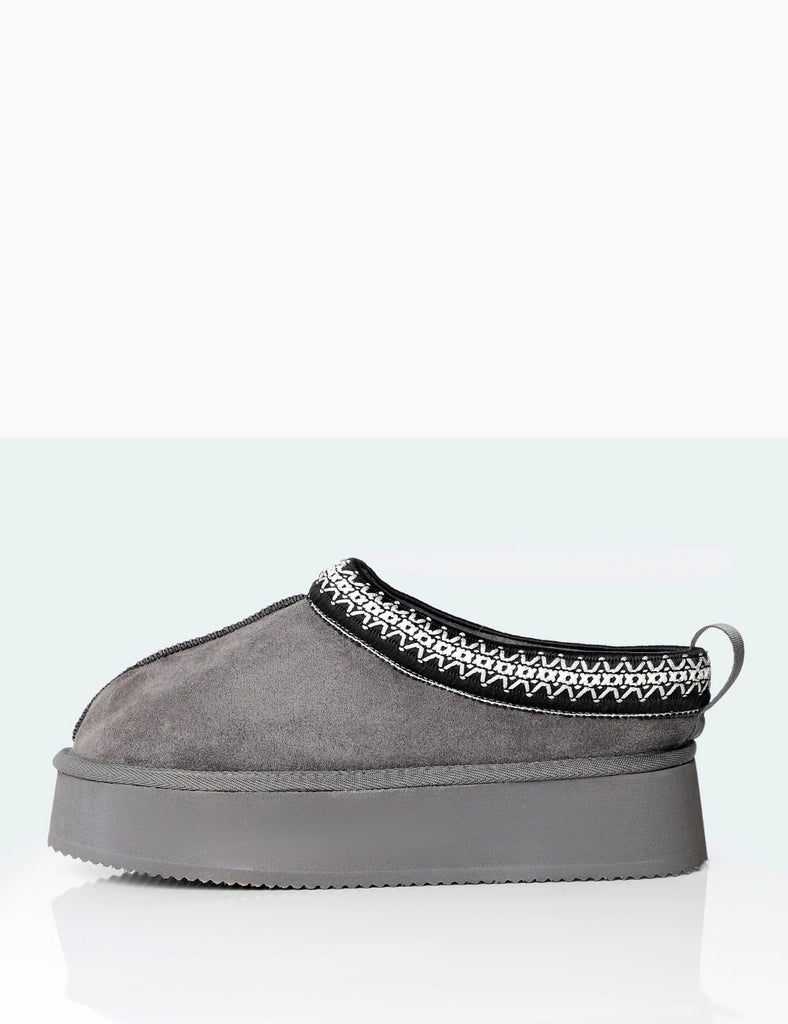 VIXON CHARCOAL FAUX SUEDE EMBROIDERED SLIPPER PLATFORM BOOTS | Public ...