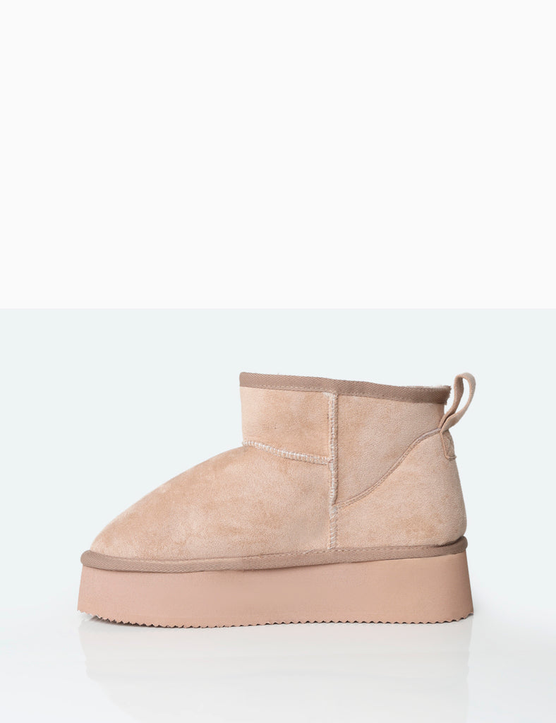 THEODORE BEIGE FAUX SUEDE ULTRA MINI ANKLE PLATFORM BOOTS | Public Desire