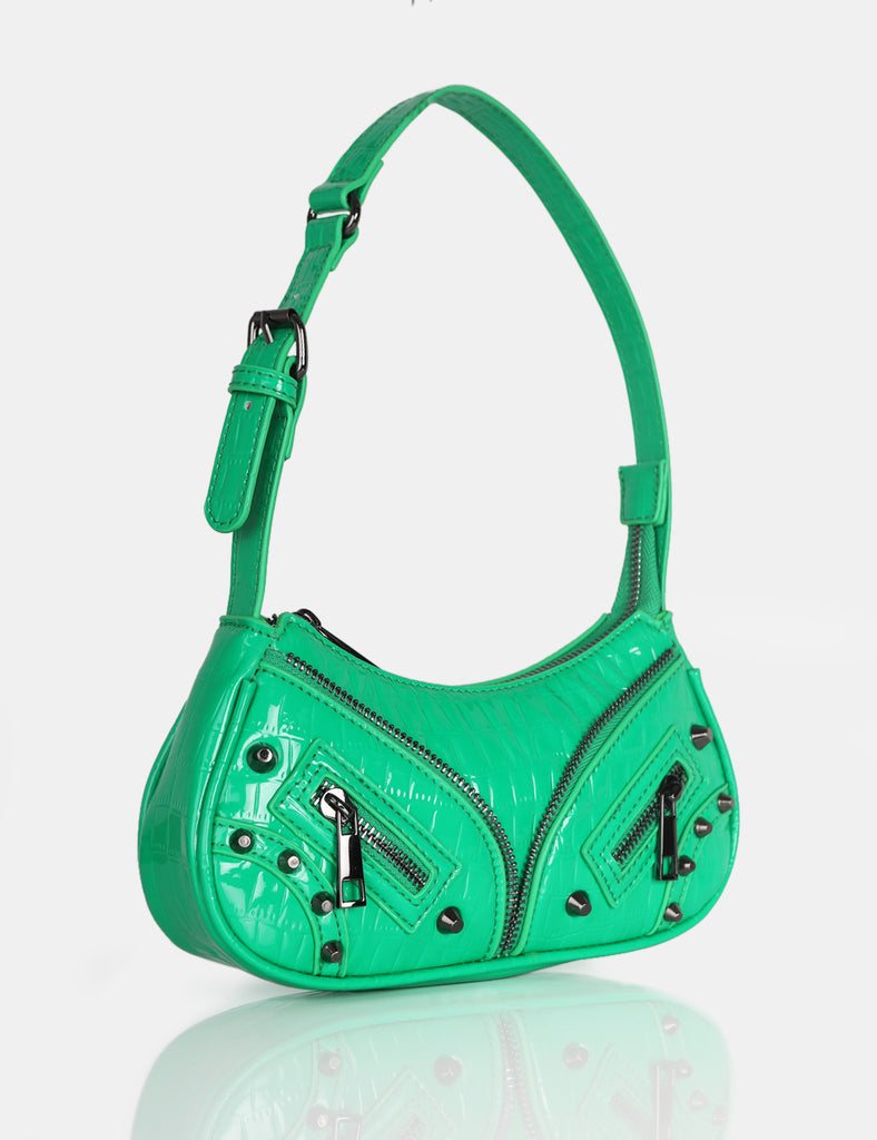 The Zip Neon Green Croc Shoulder Bag | Public Desire