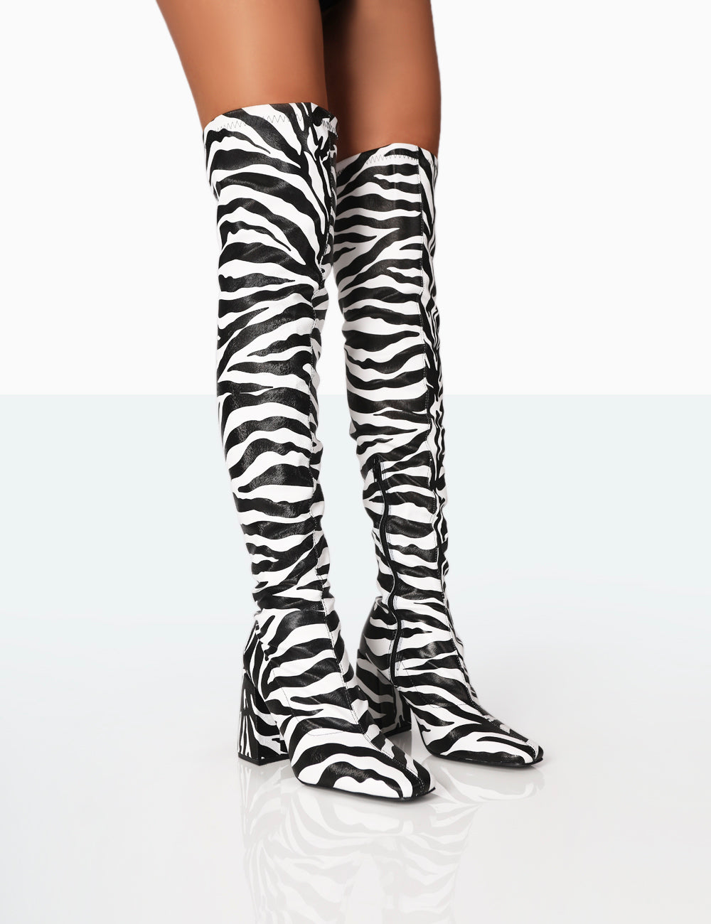 Meridian Zebra Grain PU Block Heel Knee High Boots | Public Desire