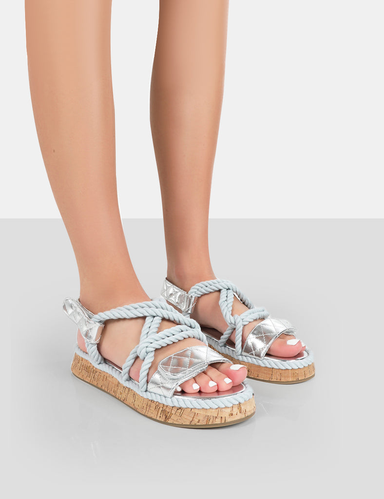 Miami Silver Rope Flatform Lace Up Sandals | Public Desire