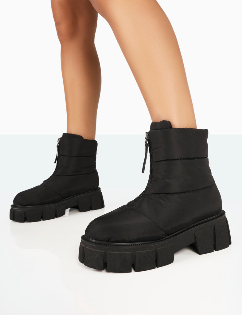 Puffy Black Nylon Zip Up Chunky Sole Snow Ankle Boots | Public Desire