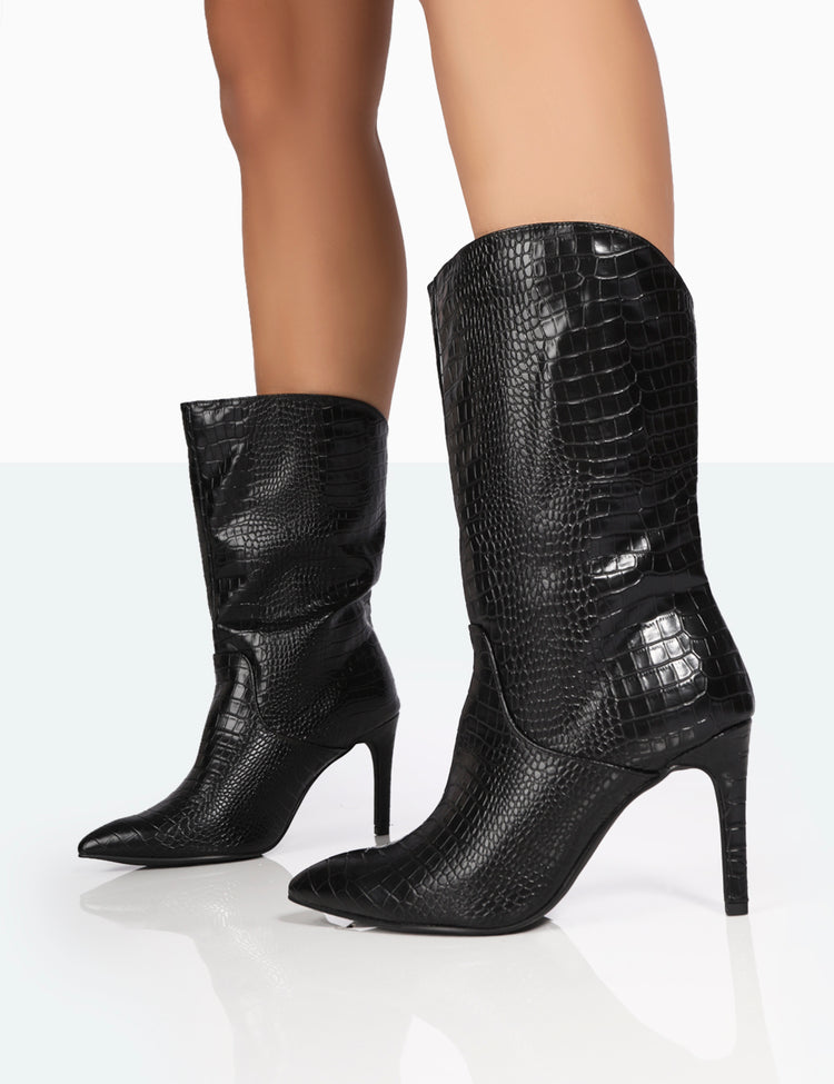 Lisel Wide Fit Black PU Pointed Toe Heeled Ankle Boots | Public Desire