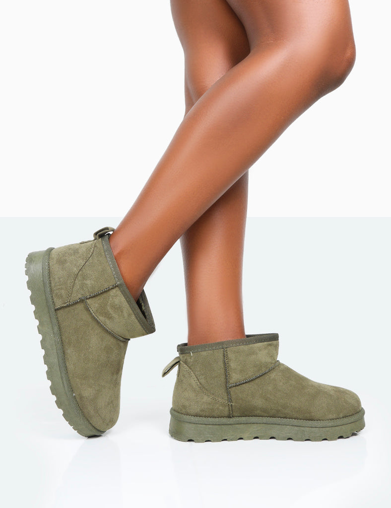 Flurry Khaki Faux Suede Mini Ankle Boots | Public Desire