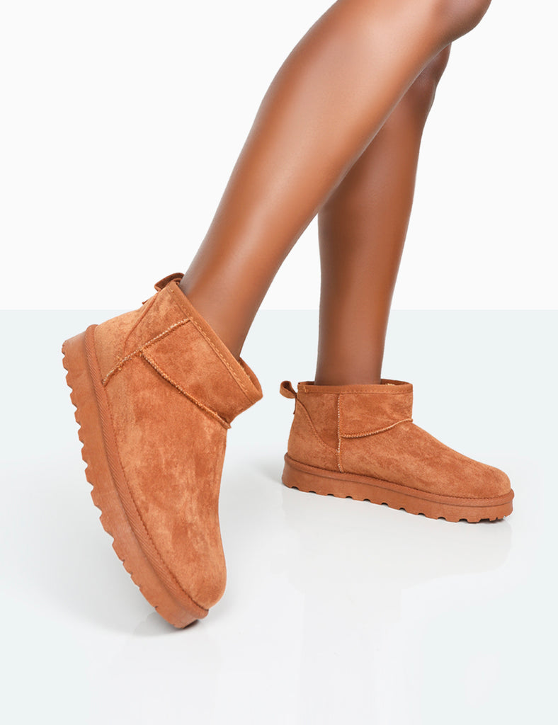 FLURRY CHESTNUT BROWN FAUX SUEDE ULTRA MINI ANKLE BOOTS | Public Desire