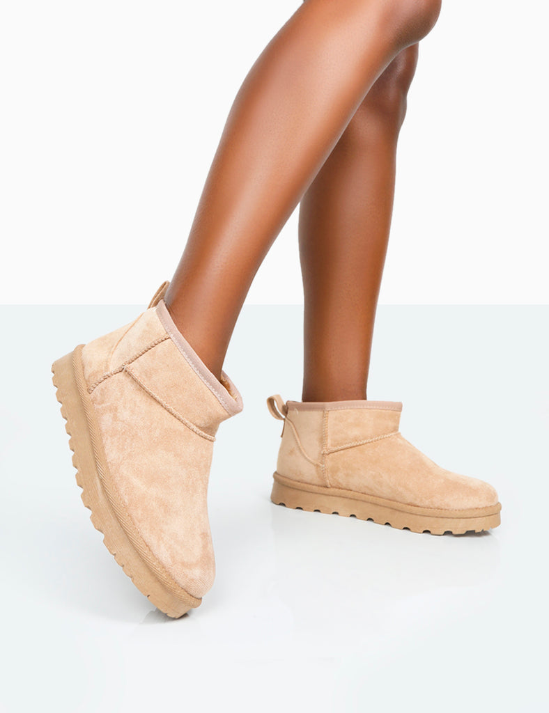 Flurry Beige Faux Suede Ultra Mini Ankle Boots | Public Desire