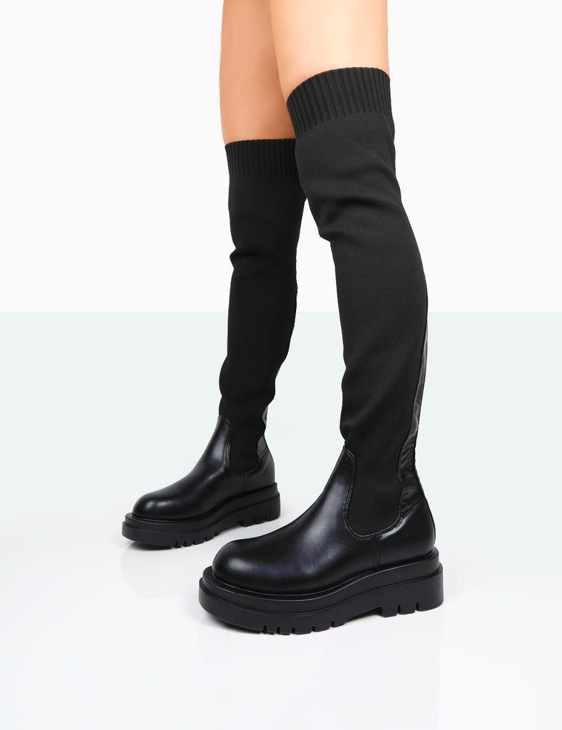 New-Me Black Pu and Knit Over The Knee Chunky Sole Sock Fit Boots ...