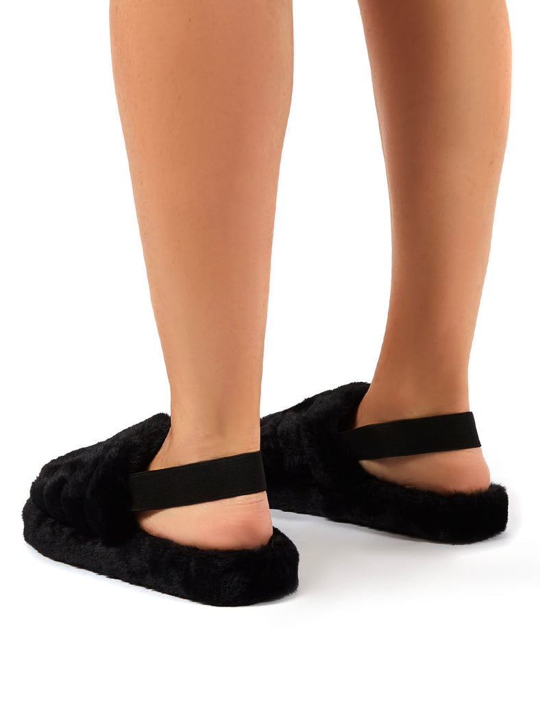 Dreamtime Black Fluffy Strap Back Slippers | Public Desire