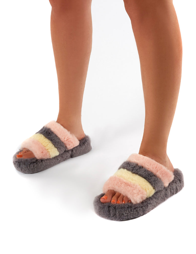 Sleepy Grey Fluffy Slider Faux Fur Slippers | Public Desire