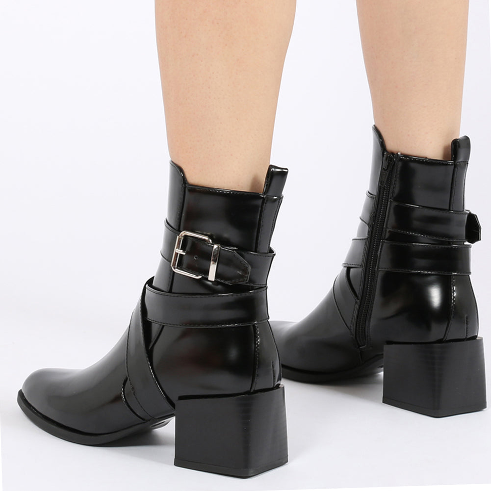 Willa Buckle Detail Cubed Heel Ankle Boots in Black High Shine | Public ...
