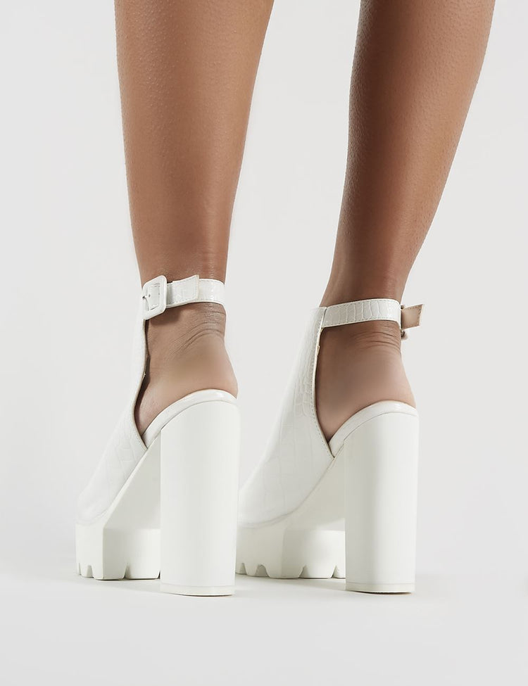 Jada Cleated Platform Block Heels in White Croc | Public Desire