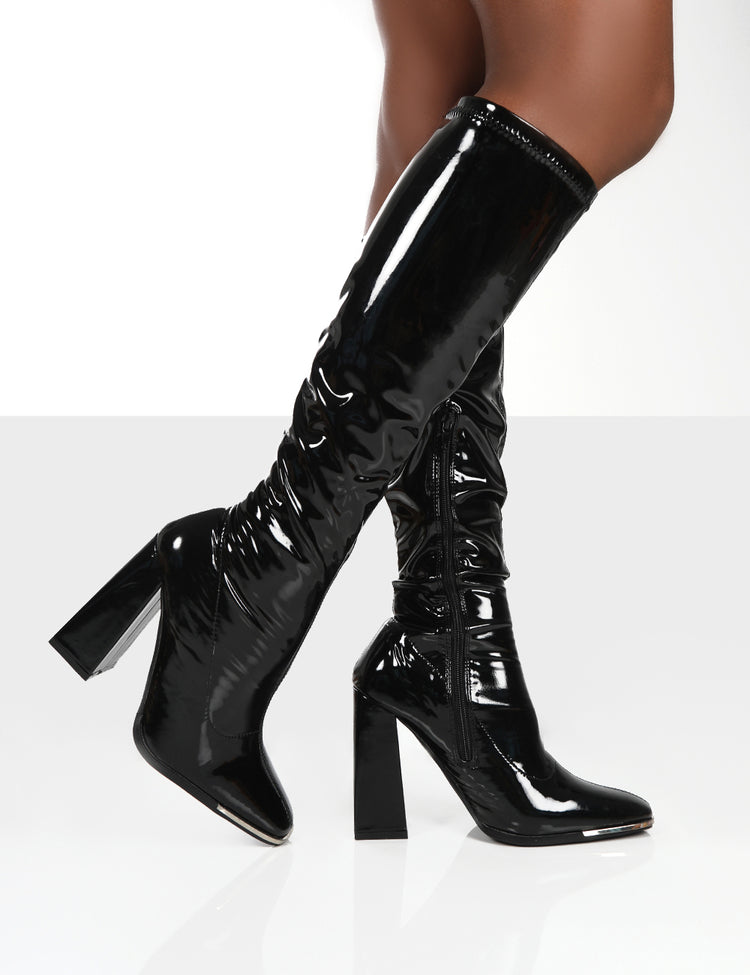 Caryn Wide Fit Black Vinyl Knee High Heeled Boots | Public Desire