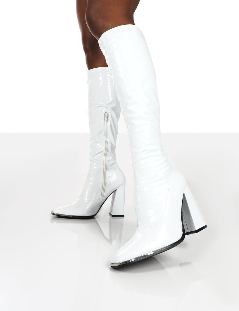 Caryn Wide Fit White Vinyl Knee High Heeled Boots | Public Desire