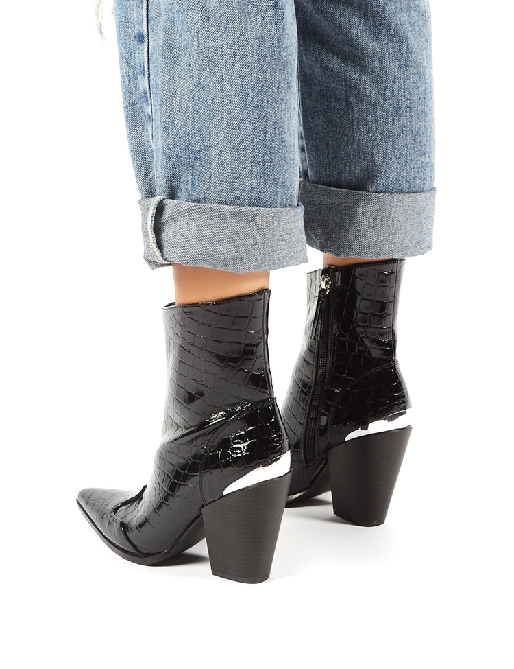 Heidi Black Patent Croc Block Heeled Western Ankle Boots | Public Desire