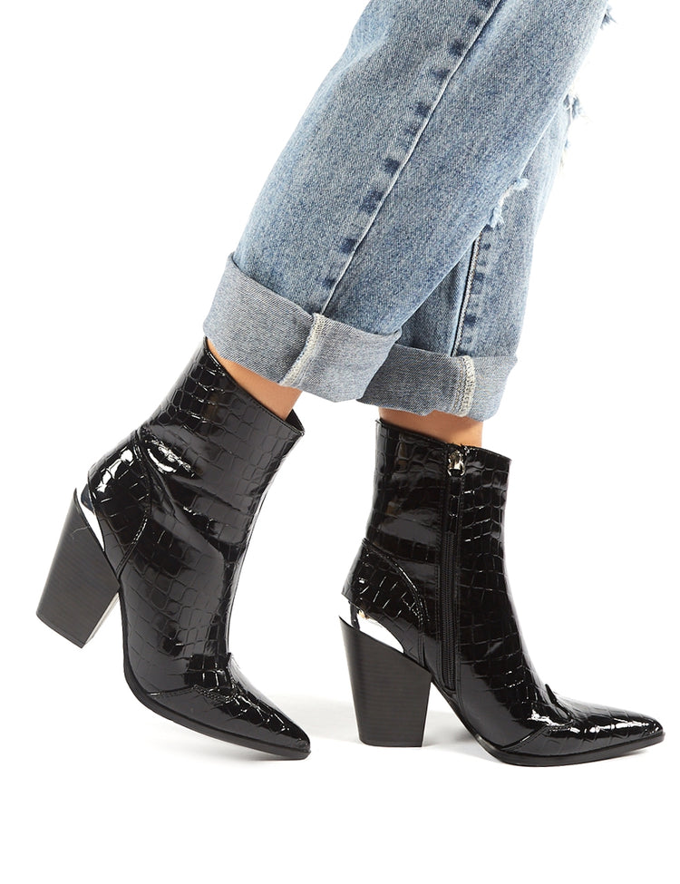 Heidi Black Patent Croc Block Heeled Western Ankle Boots | Public Desire